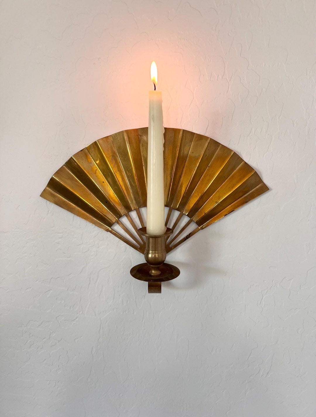 Vintage MCM Solid Brass Wall Hanging Candle Sconce Fan Shape Single ...