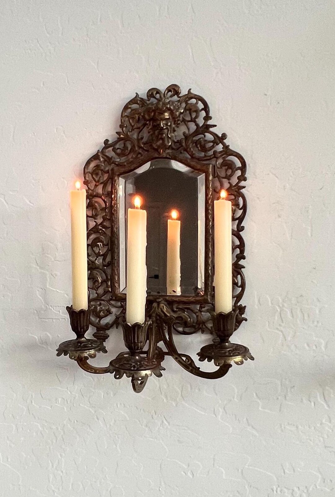 Antique 1800s 3 Arm Solid Brass Mirror Candlestick Wall Hanging Sconce ...