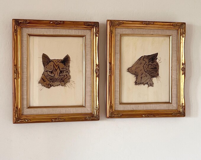 Pair Vintage Original 1970s Reverse Cat Art Painting Gilded Gold Frame ...