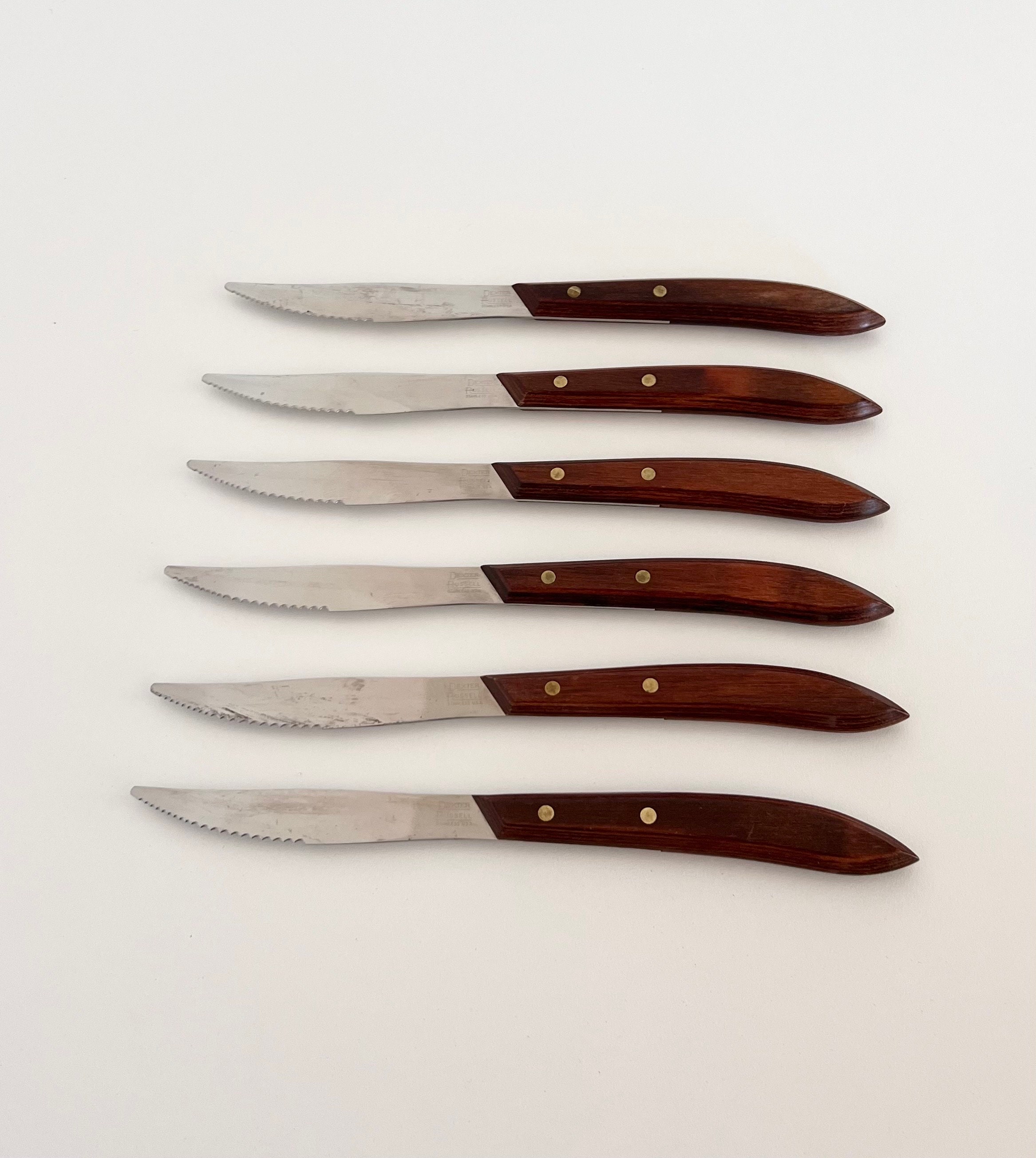 6 Vintage Steak Knives Dexter Russel MCM Wood Cutlery Stainless Knive ...