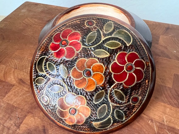 Vintage Inlay Handpainted Wood Box, Handmade Round Br… - Gem