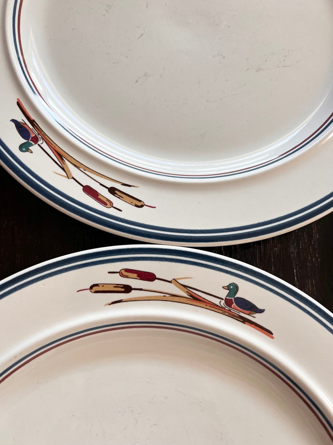 3 Vintage Duck Epoch Polo E363 Korea 10 3/8” Plates, Stoneware, Stripes ...