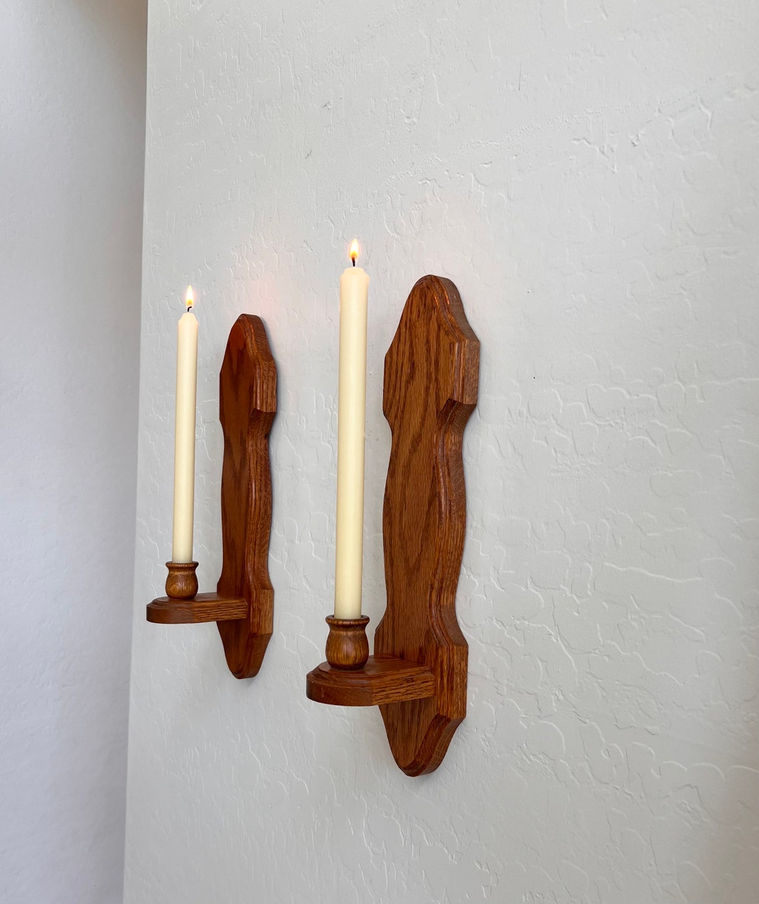 Pair Vintage Oak Wood Candle Wall Hanging Sconce, Scalloped Edge ...
