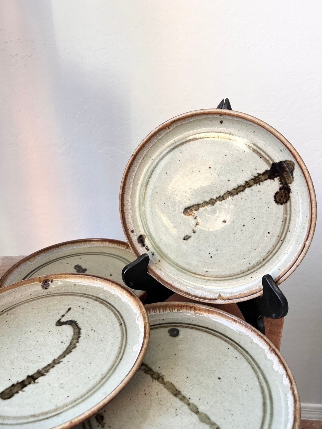 4 Vintage Stoneware Plates, Large 10 Signed, Olive Green and Brown ...