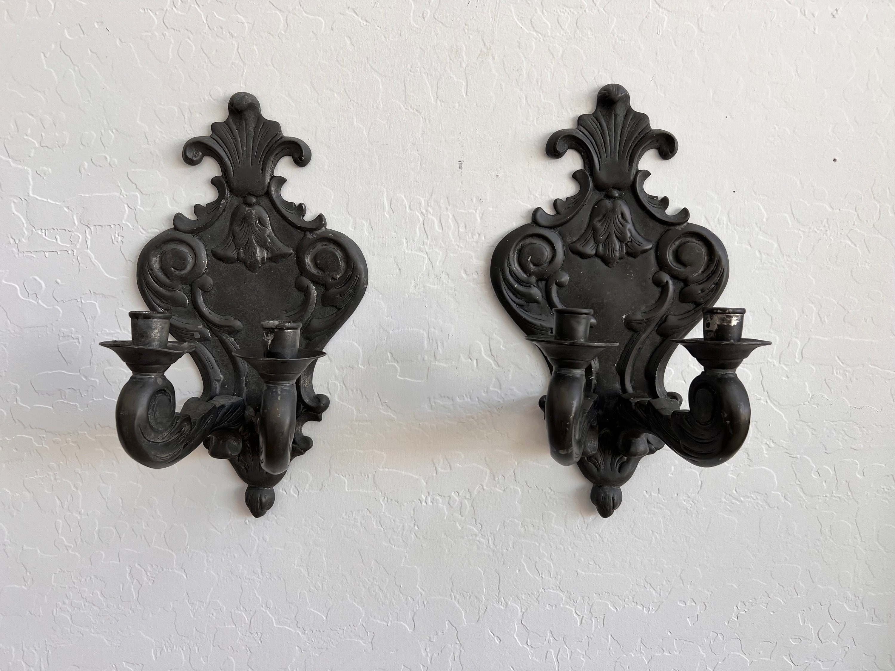 Vintage Pewter Candle Sconces, Double Wall Sconce Candlestick ...