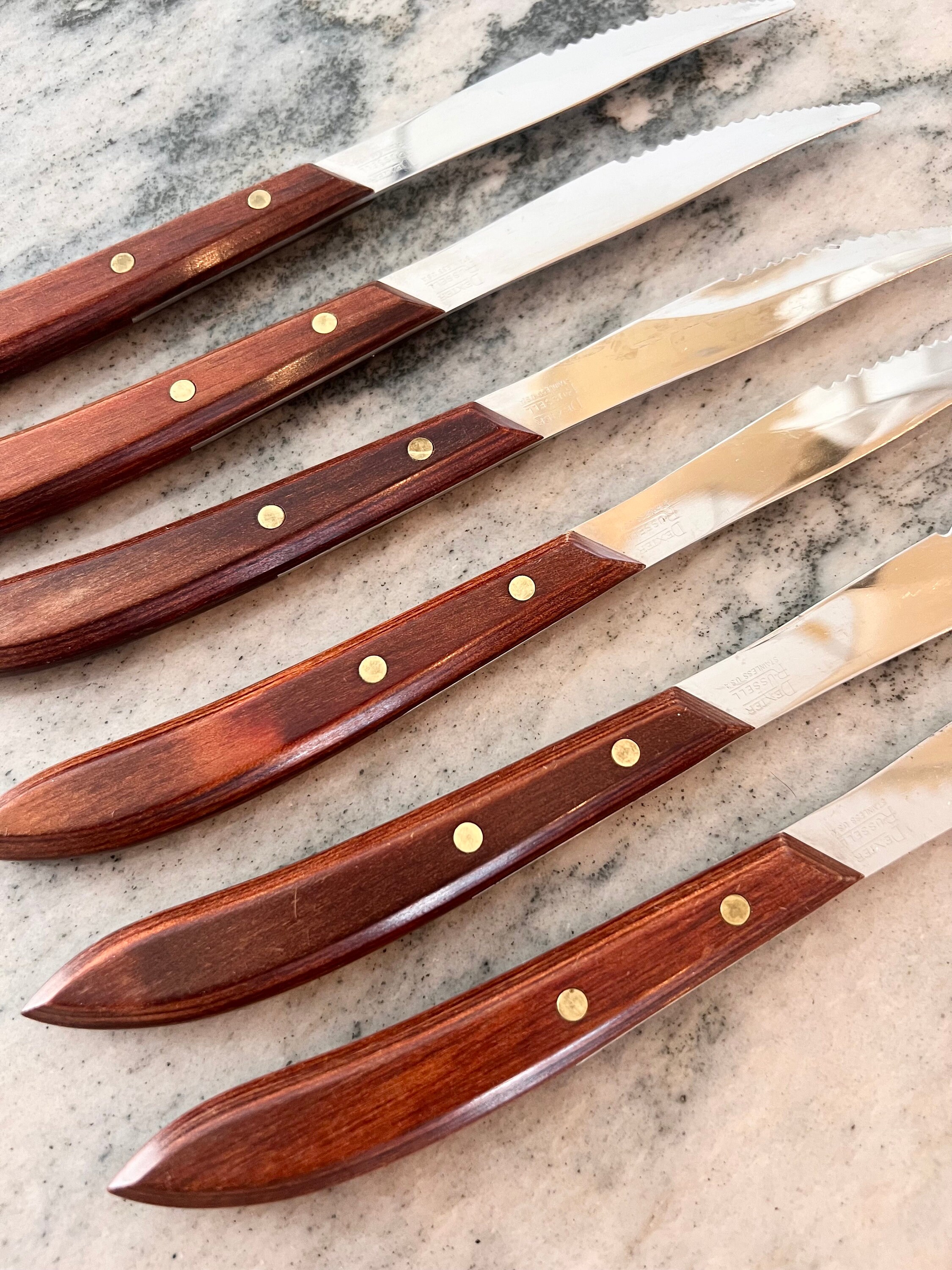 6 Vintage Steak Knives Dexter Russel MCM Wood Cutlery Stainless Knive ...