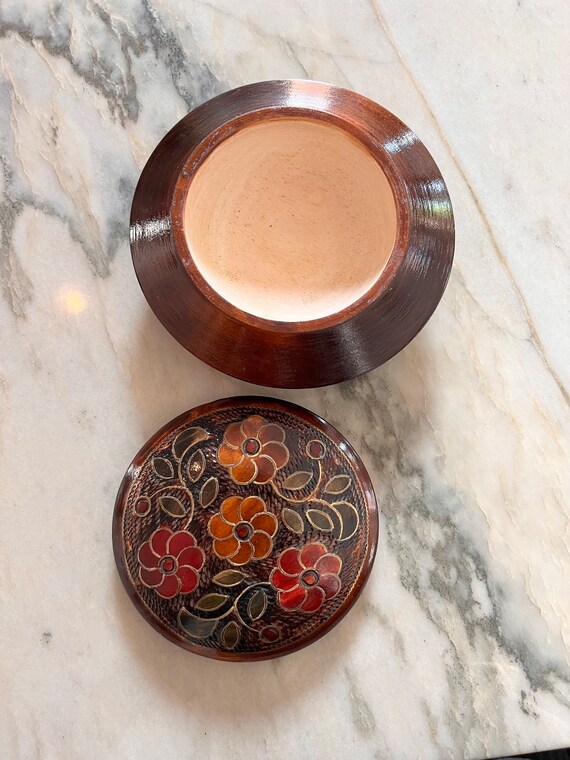 Vintage Inlay Handpainted Wood Box, Handmade Round Br… - Gem