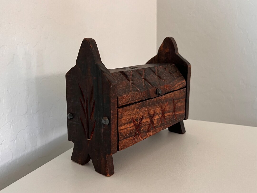 Vintage Spain Wood Chest Box, Iron Metal With Intricate Carving Clasp ...