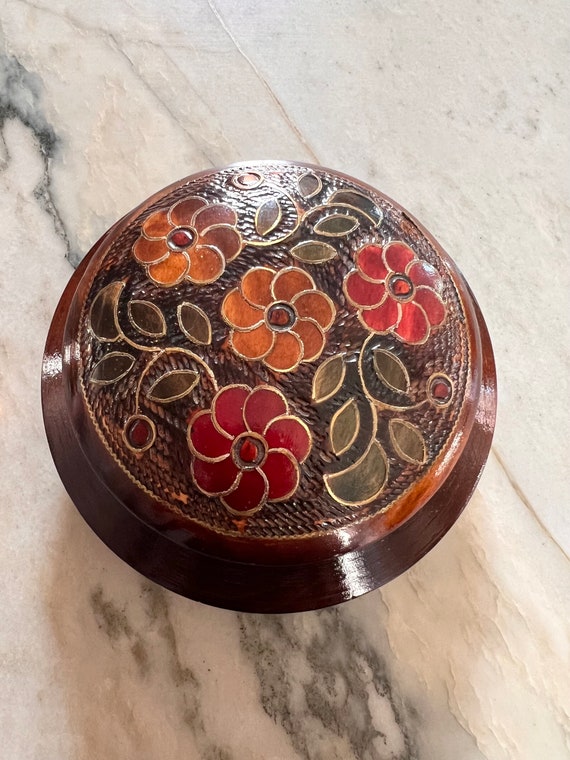 Vintage Inlay Handpainted Wood Box, Handmade Round Br… - Gem
