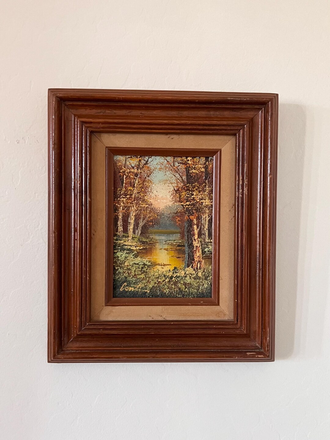 Vintage Oil Painting Landscape Signed Original Artwork Warm Wood Frame ...