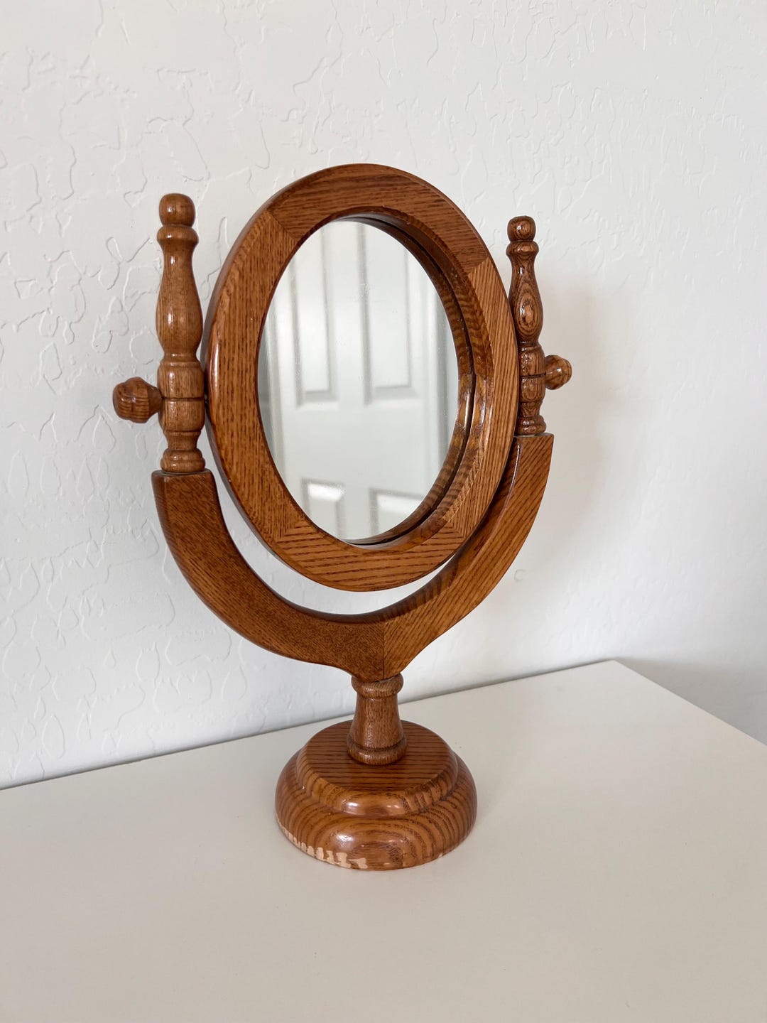 Vintage Mirror MCM Wood Swivel Oval Table Mirror Bedroom Bathroom Home ...