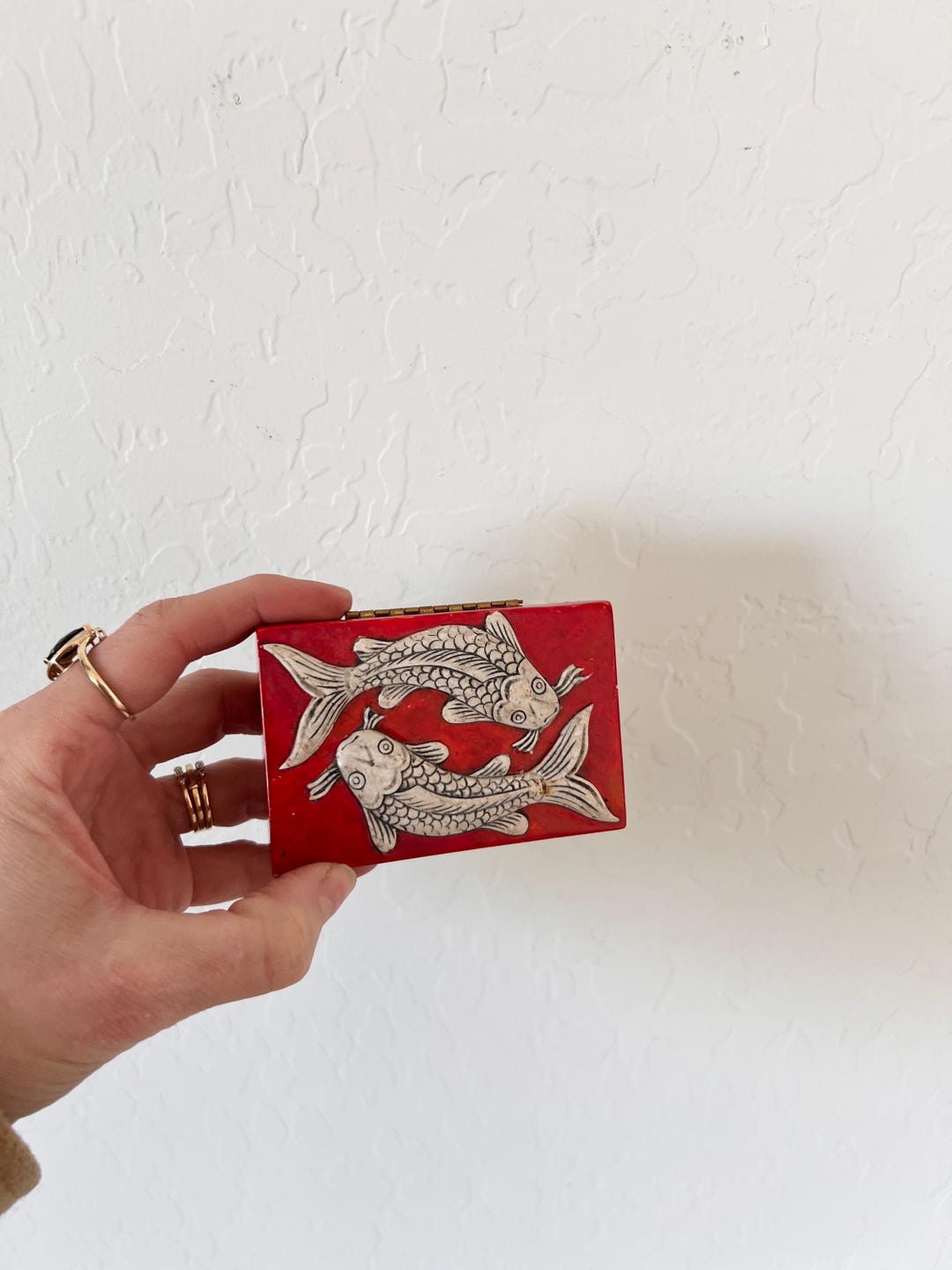 Vintage Stone Hinged Koi Fish Box Red White Small Hinged Jewelry ...