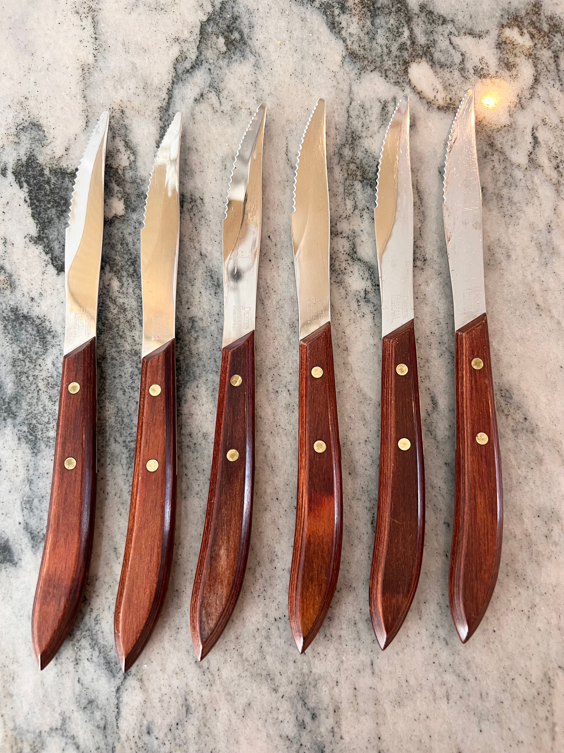 6 Vintage Steak Knives Dexter Russel MCM Wood Cutlery Stainless Knive ...