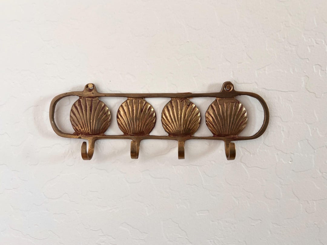 Vintage Solid Brass Seashell Wall Hanging 4 Hook Interior Decor, Gold ...