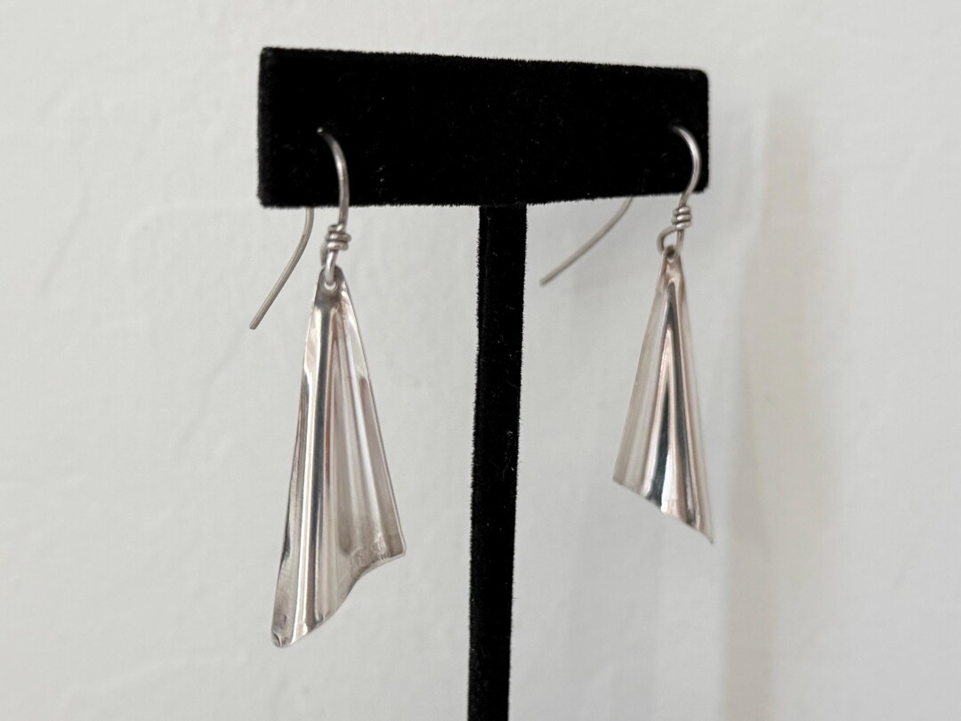 Vintage 925 Silver Sterling Modernist Triangle Drop Earrings Real ...