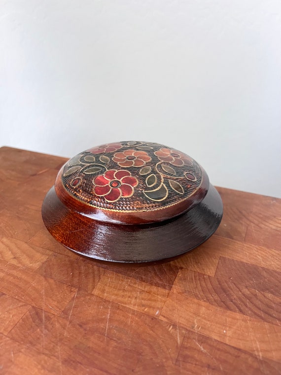 Vintage Inlay Handpainted Wood Box, Handmade Round Br… - Gem