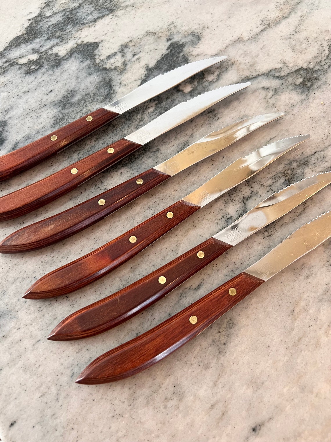 6 Vintage Steak Knives Dexter Russel MCM Wood Cutlery Stainless Knive ...