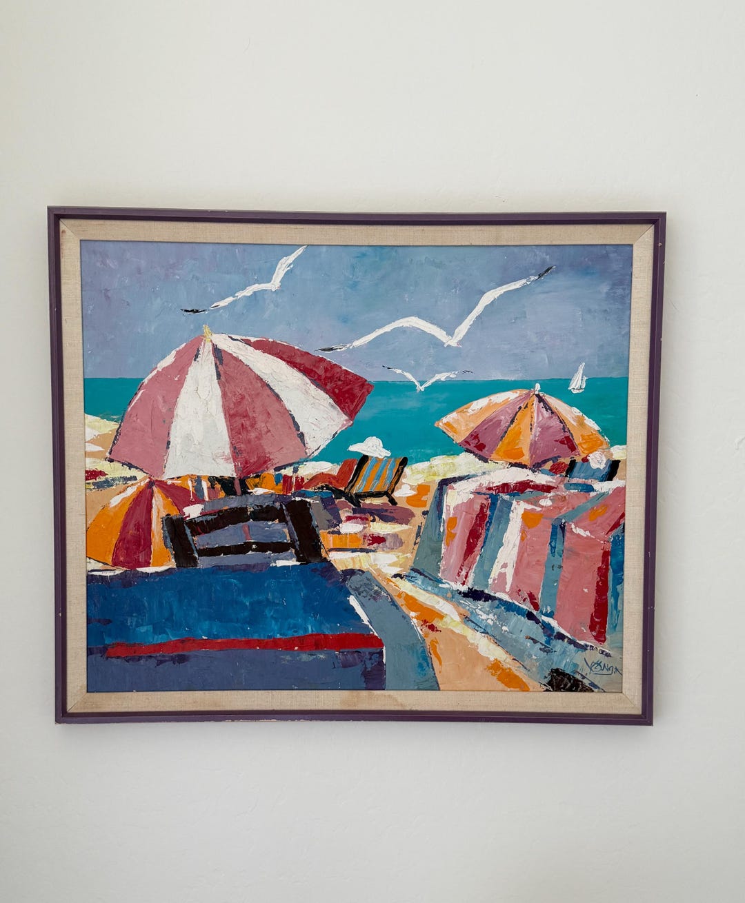 Vintage 1970s Original Oil Painting Abstract Beach Umbrella Ocean ...