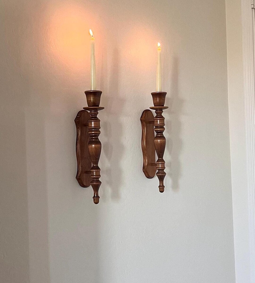 Pair Vintage Tall Spindle Candle Wall Hanging Sconces, MCM Candlestick ...