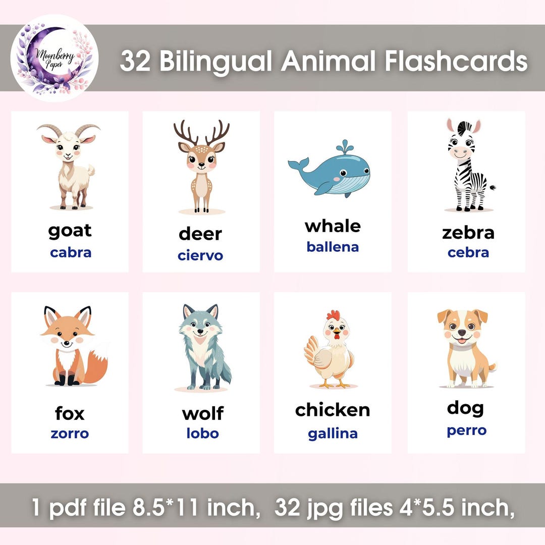 32 Bilingual Animal Flashcards Printable | English Spanish | Montessori ...
