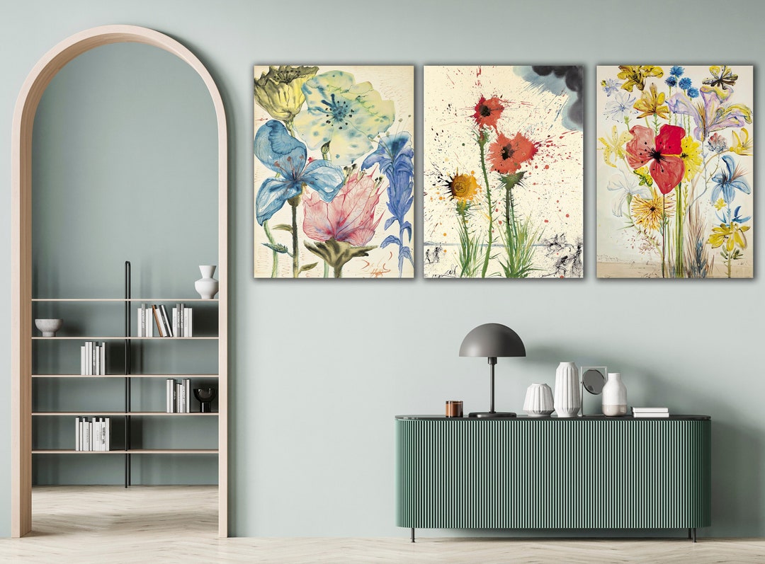 Set of 3 Floral Wall Art by Salvador Dali, Salvador Dali's Flowers on Canvas Set, Dali Flowers ...