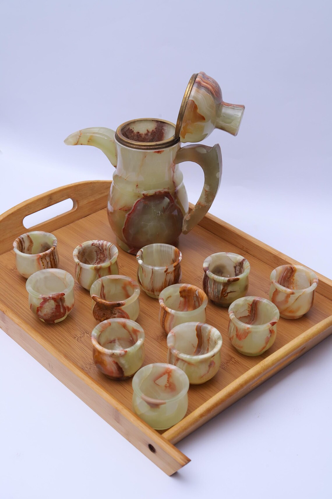 Hand Carved Onyx Tea Set, 12 Natural Agate Cups, Earthy Stone Decor - Etsy