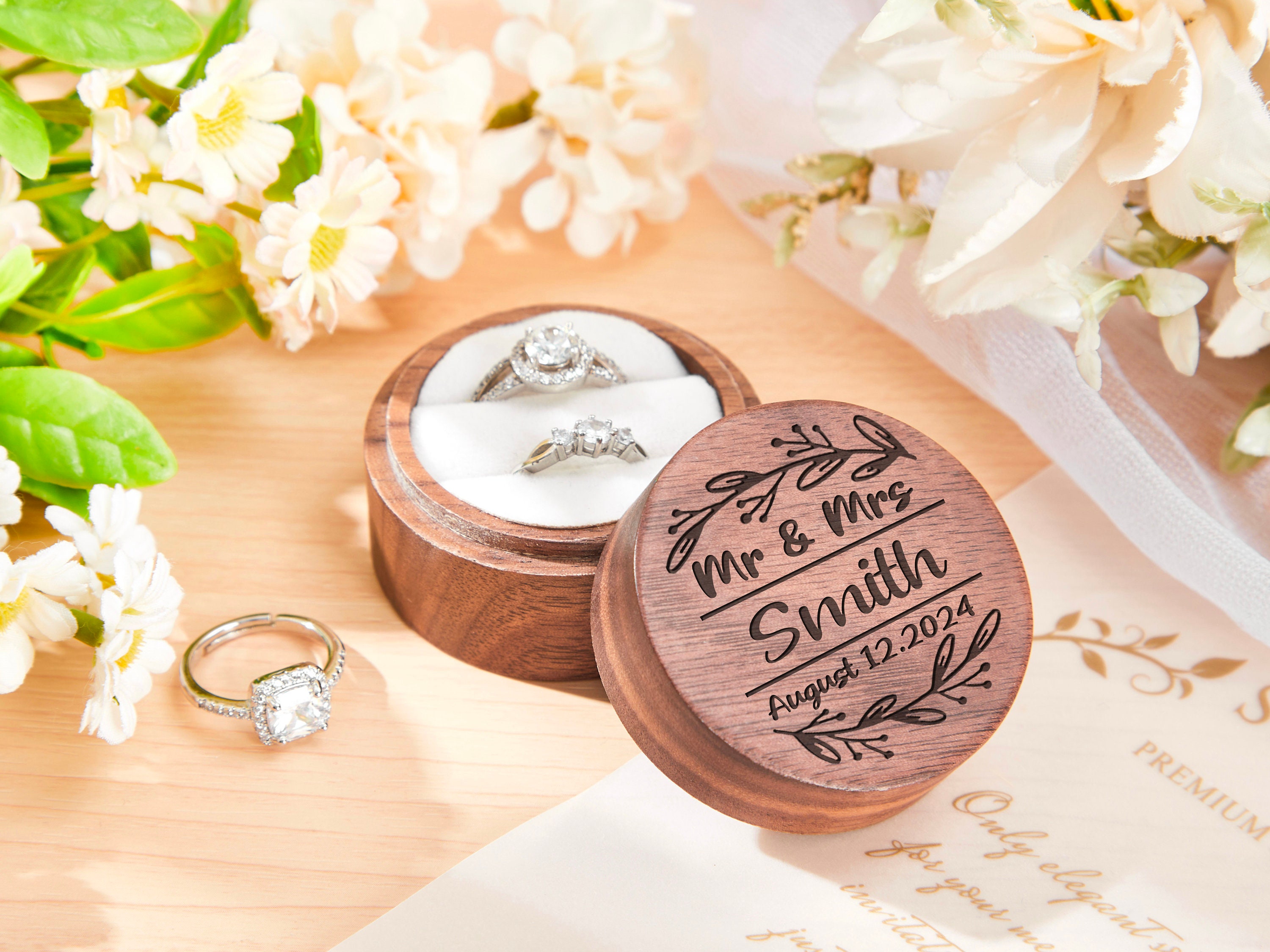 Custom Wood Ring Box, Round Wedding Ring Box, Engagement Ring Box ...