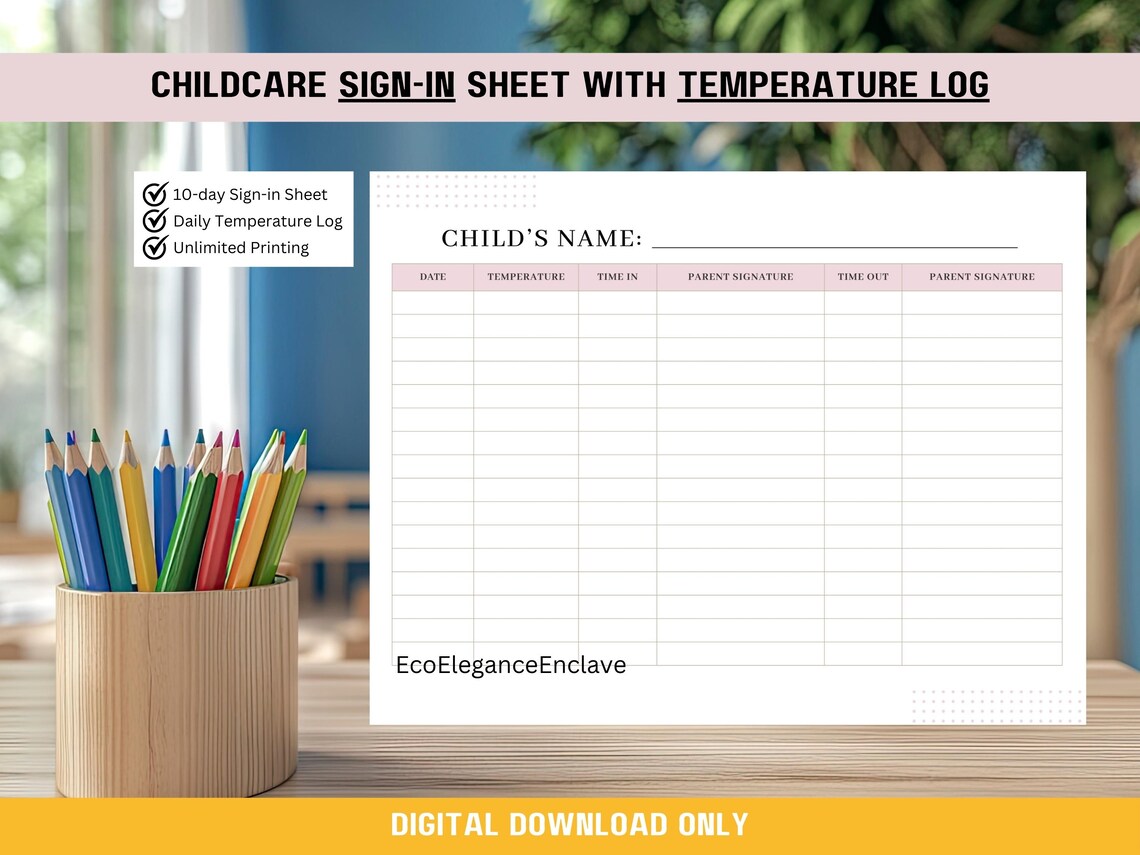 Childcare Sign-in Sheet With Temperature Log | Printable Daycare ...