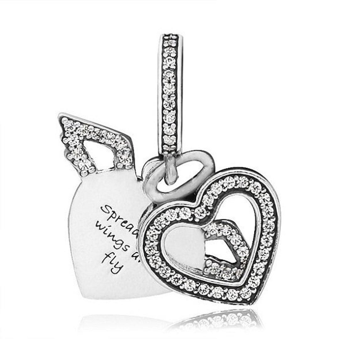 Silver Pandora Heart and Angel Wings Dangle Charm Cute Bracelet ...