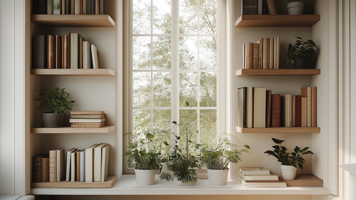 Zoom Background Bookshelf and Window, Living Room Virtual Home Office ...