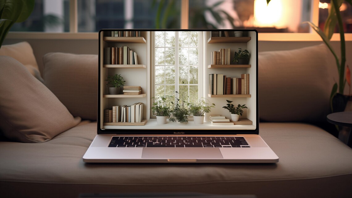 Zoom Background Bookshelf and Window, Living Room Virtual Home Office ...