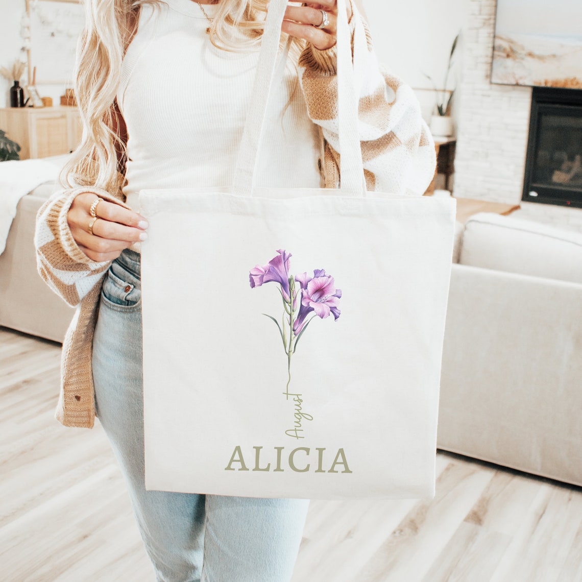 Personalized Birth Month Flower Canvas Tote Bag, Birthflower Gift ...