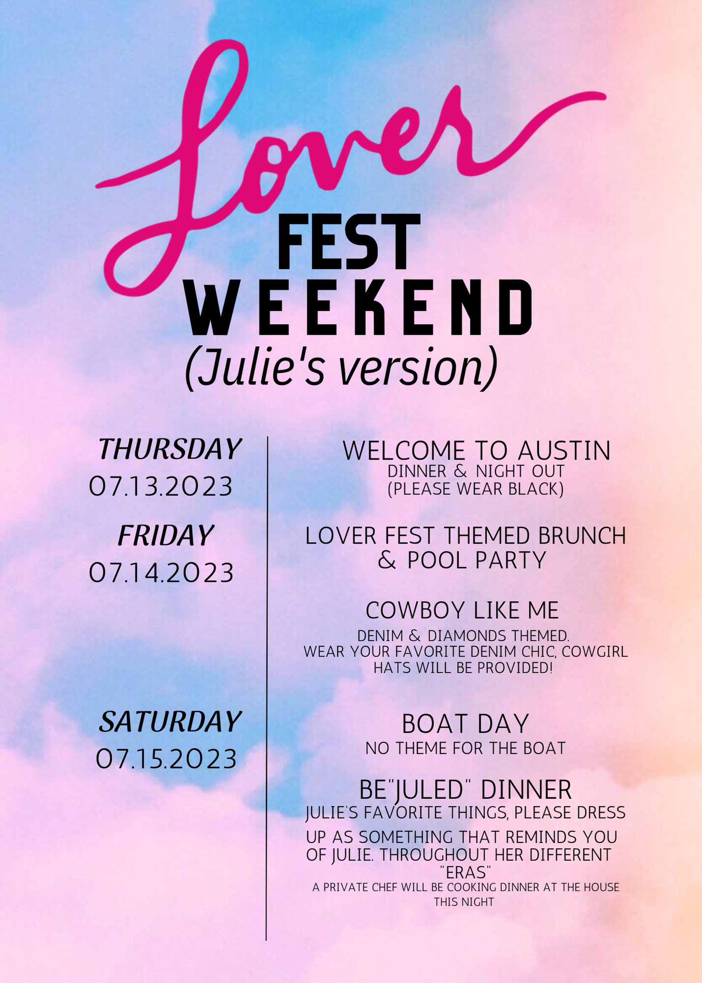 Lover Fest Bachelorette Party Itinerary - Etsy