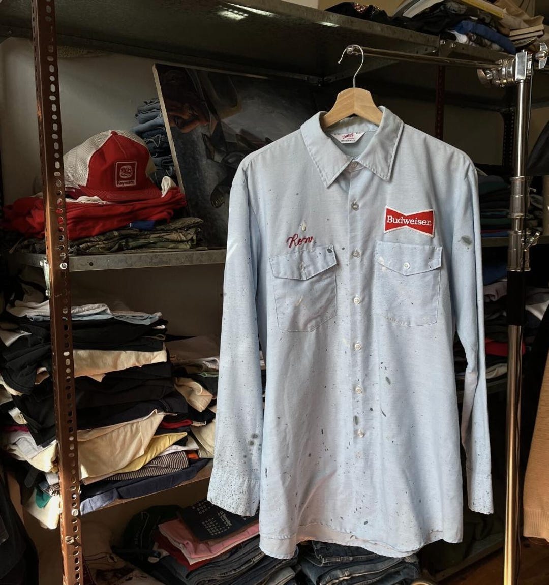 Vintage 70s Unitog Budweiser Chambray Work Shirt L/XL Chain Stitch ...