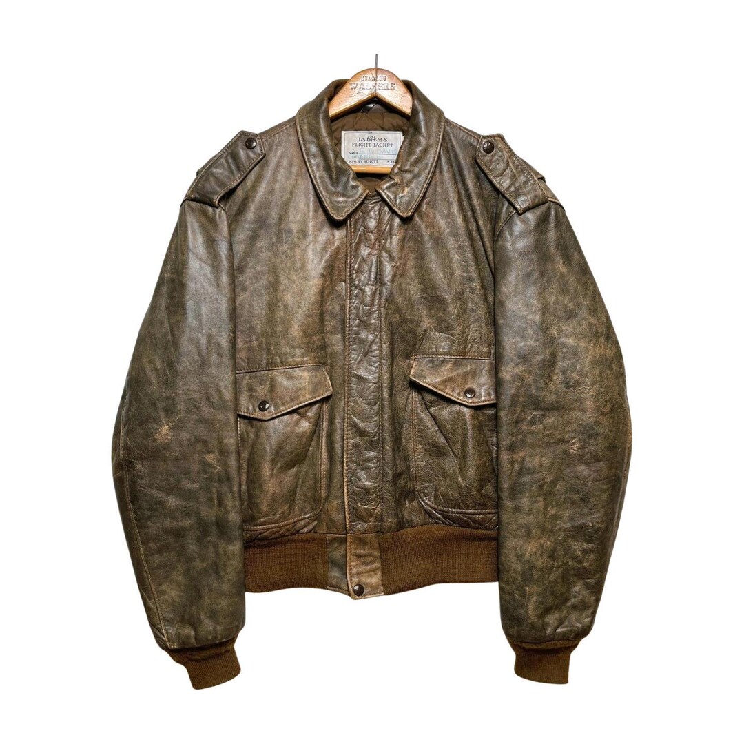 Vintage 80s Schott NYC Brown Leather Flight Jacket Size 46-XL 674MS - Etsy