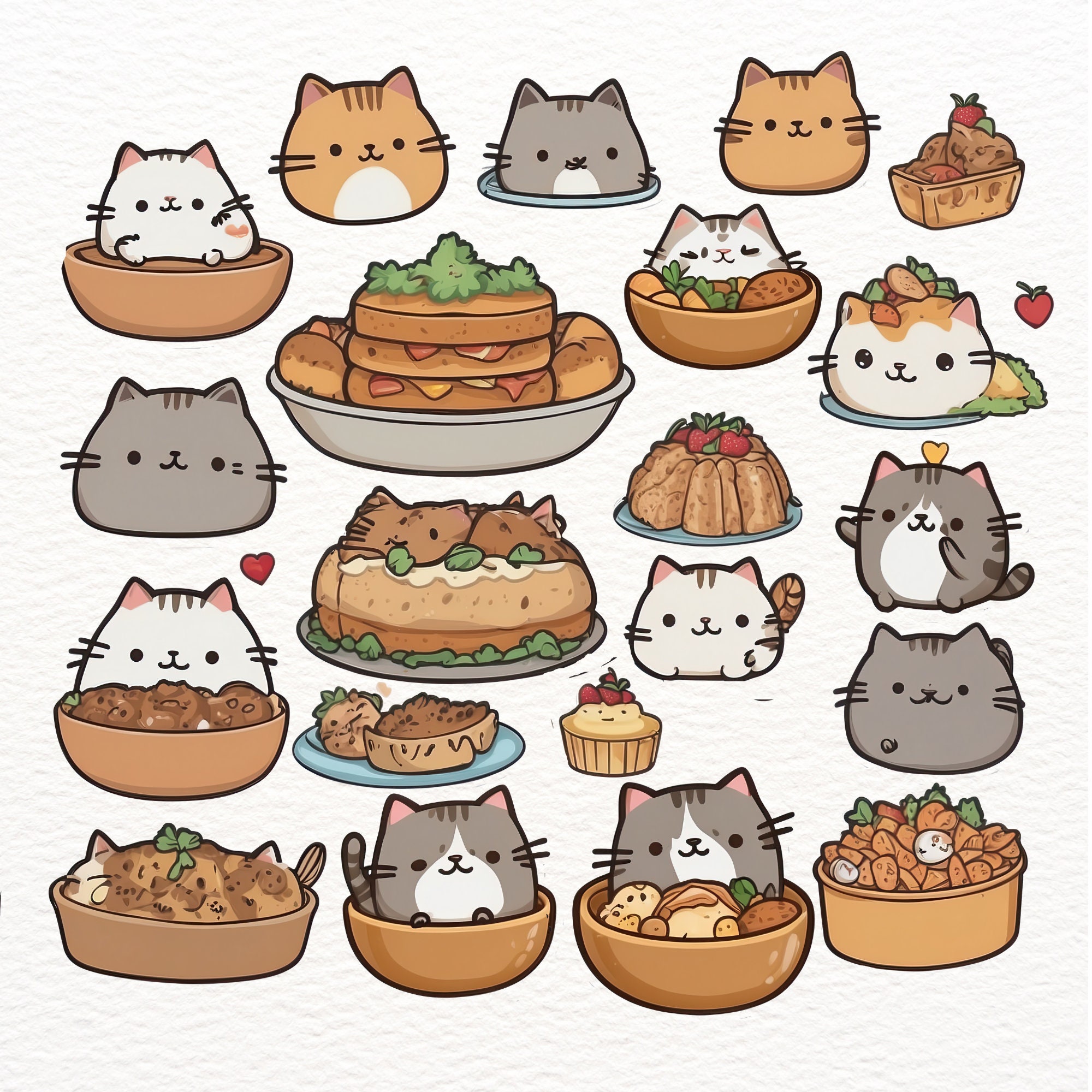 Cute Cats Clipart Set, Clipart Kawaii Cat, 100 PNG Cats Clipart, Kawaii ...