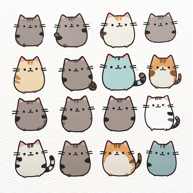 Cute Cats Clipart Set, Clipart Kawaii Cat, 100 PNG Cats Clipart, Kawaii ...