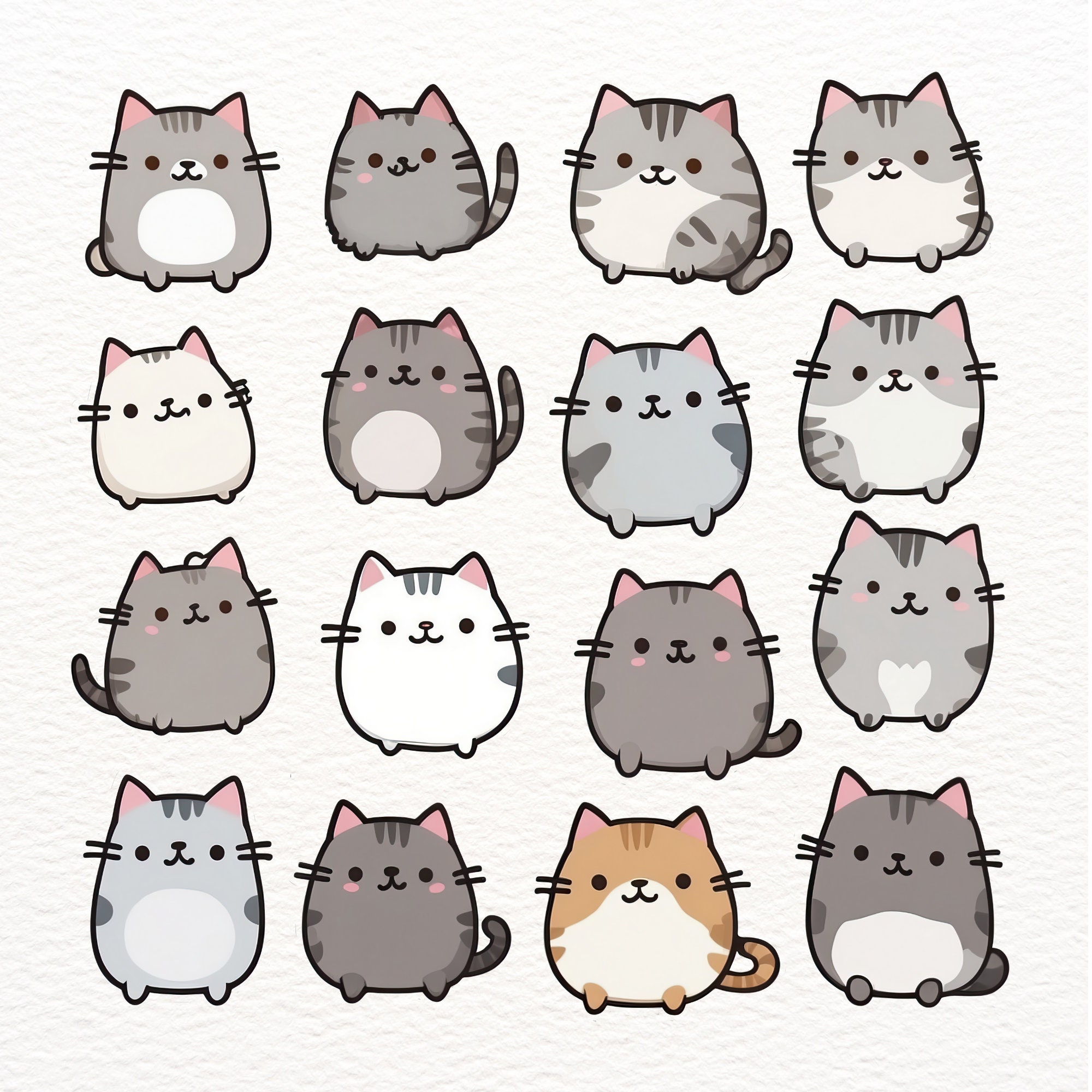 Cute Cats Clipart Set, Clipart Kawaii Cat, 100 PNG Cats Clipart, Kawaii ...