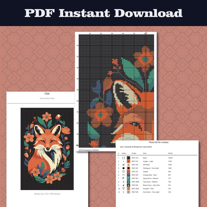 Fox & Flowers Fox Cross Stitch Pattern Counted Cross Stitch Fox ...