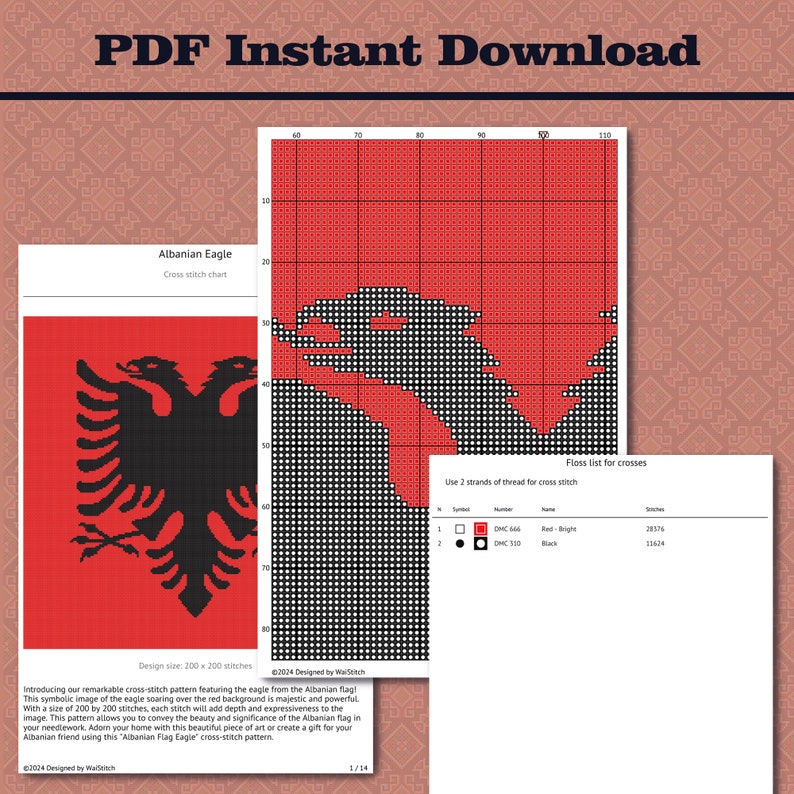 Albanian Eagle Cross Stitch Pattern - Albanian Eagle Embroidery File ...