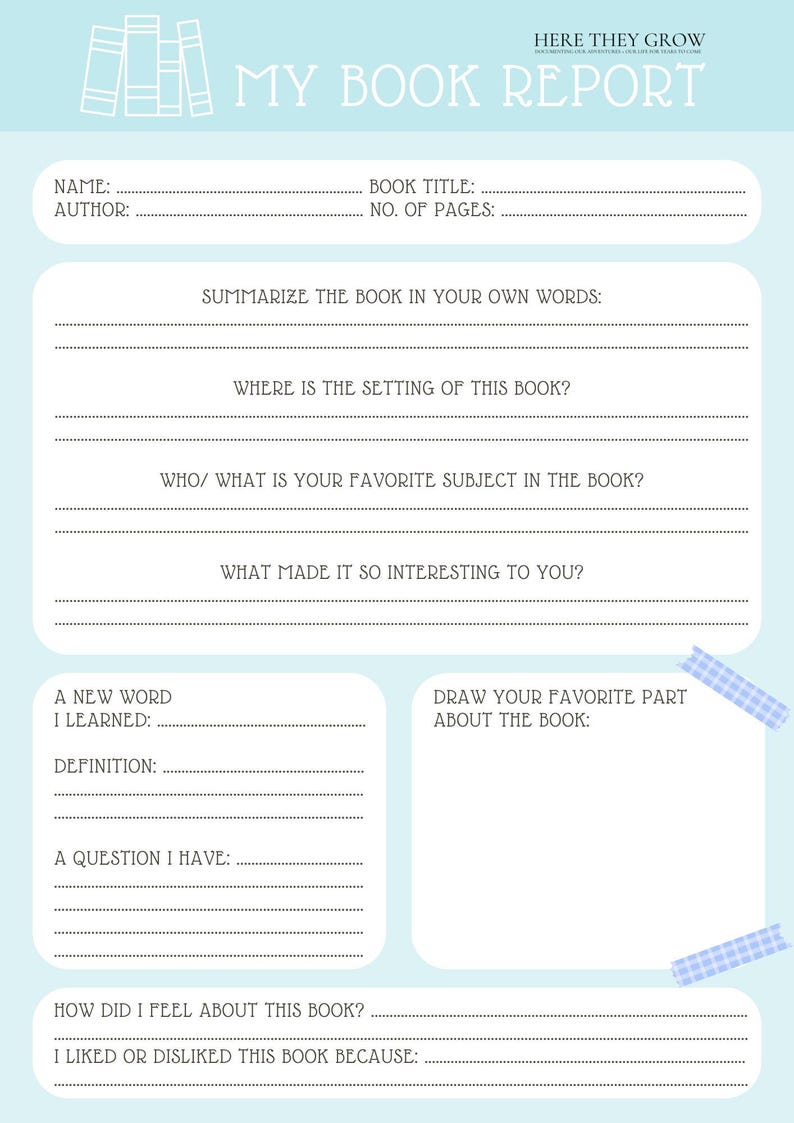 Printable Kids Homeschool Book Report Worksheet Template - Etsy