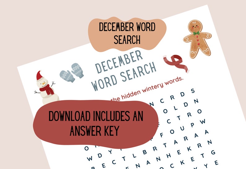 December Kids Word Search With Answer Key Printable, Digital PDF/JPEG ...