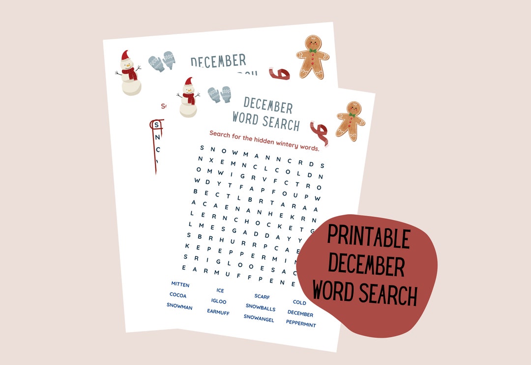 December Kids Word Search With Answer Key Printable, Digital PDF/JPEG ...