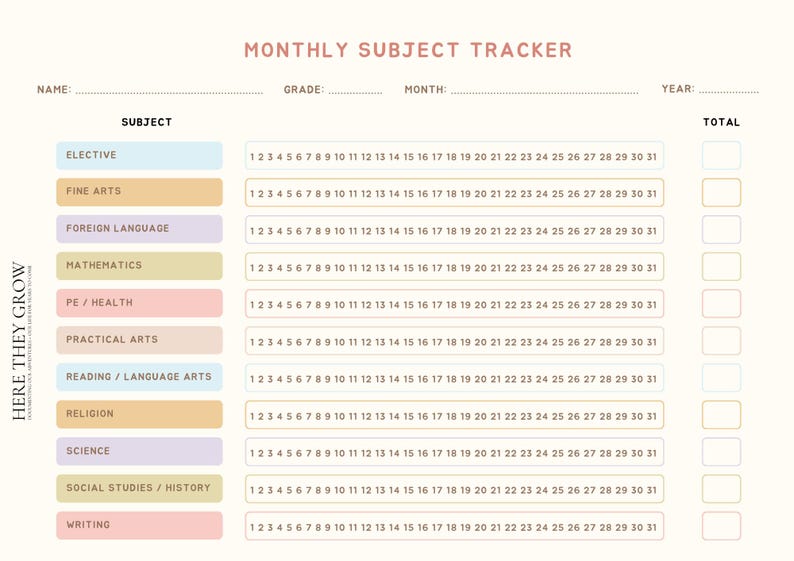 Monthly Subject Tracker for Kids - Etsy