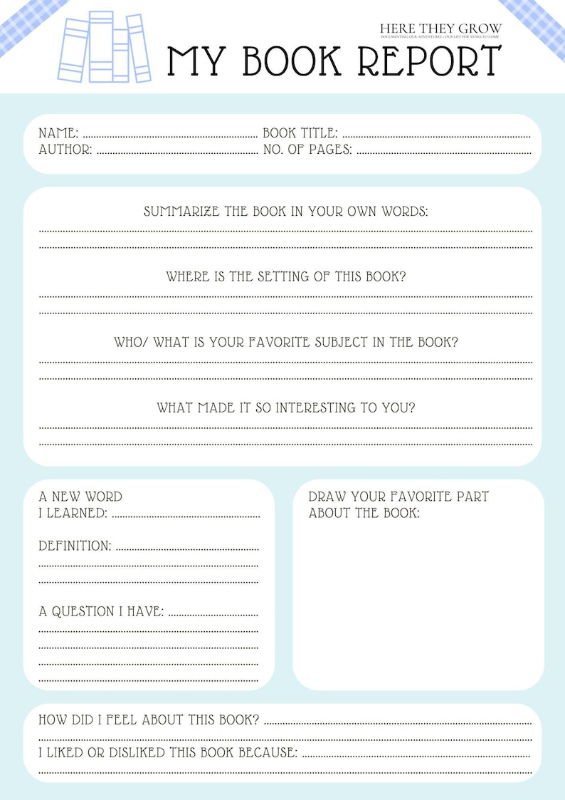 Printable Kids Homeschool Book Report Worksheet Template - Etsy