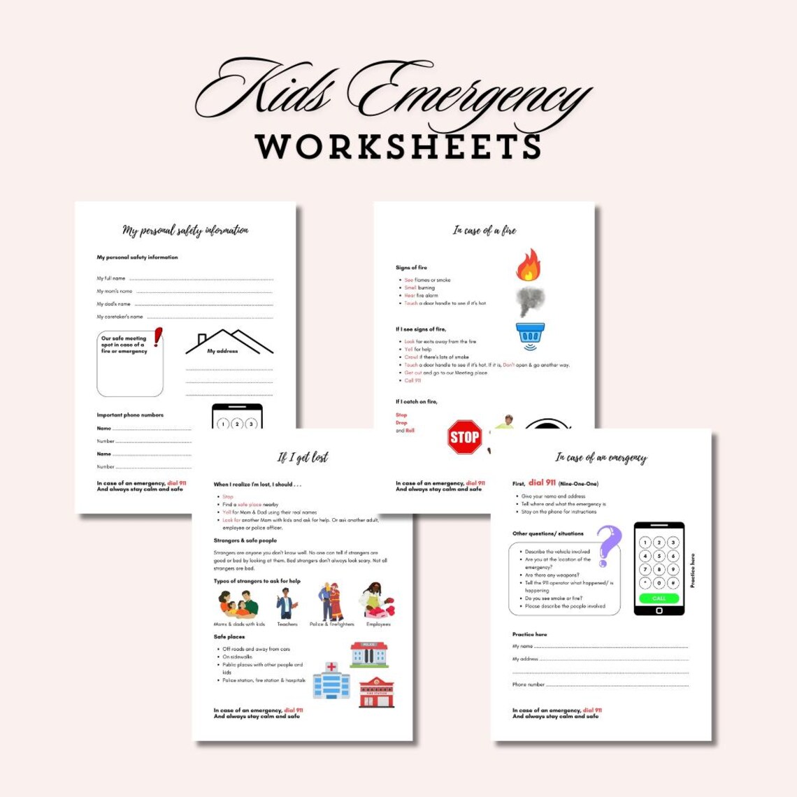 Kids Emergency Worksheets | 4-page Printable Safety Pack - Etsy