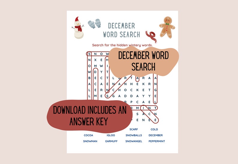 December Kids Word Search With Answer Key Printable, Digital PDF/JPEG ...