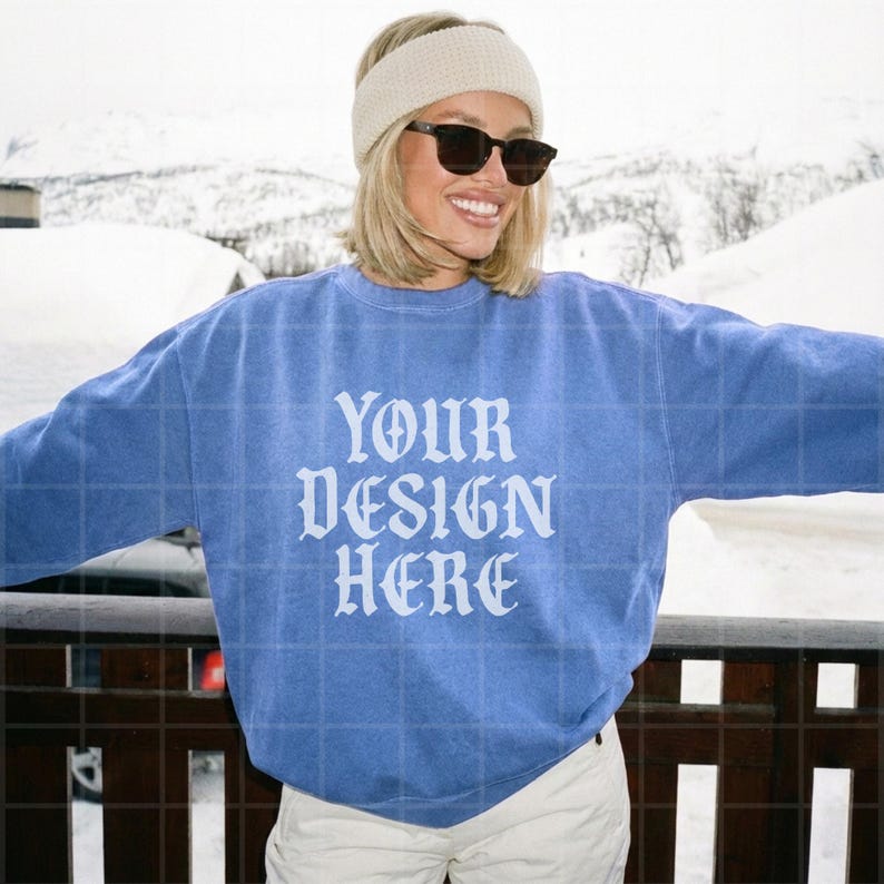 Flo Blue Comfort Colors 1566 Mockup Front Crewneck Sweatshirt Lifestyle ...