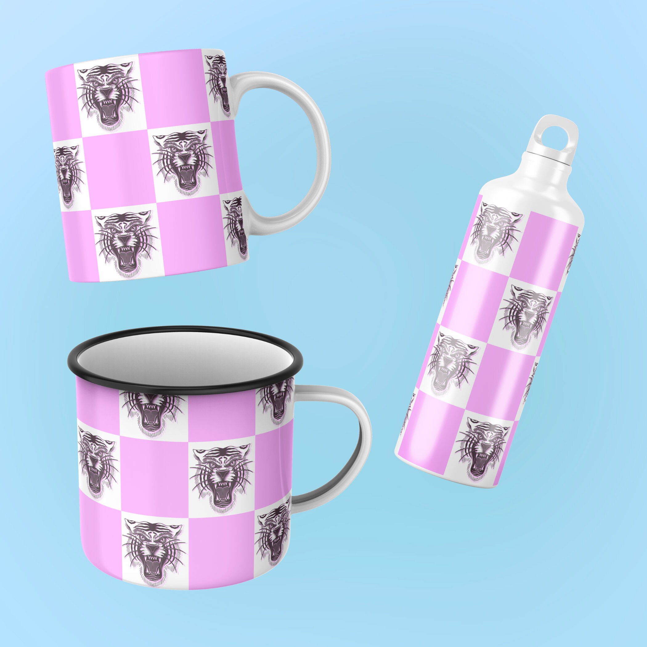 Pink Checkered Seamless Pattern PNG Tattoo Flash Tiger Cat Repeatable ...