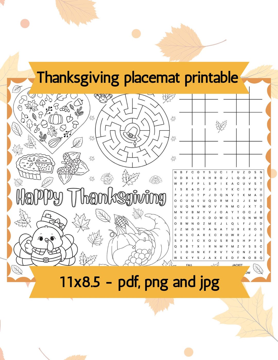Thanksgiving Activity Placemat for Kids, Thanksgiving Craft, Fall ...